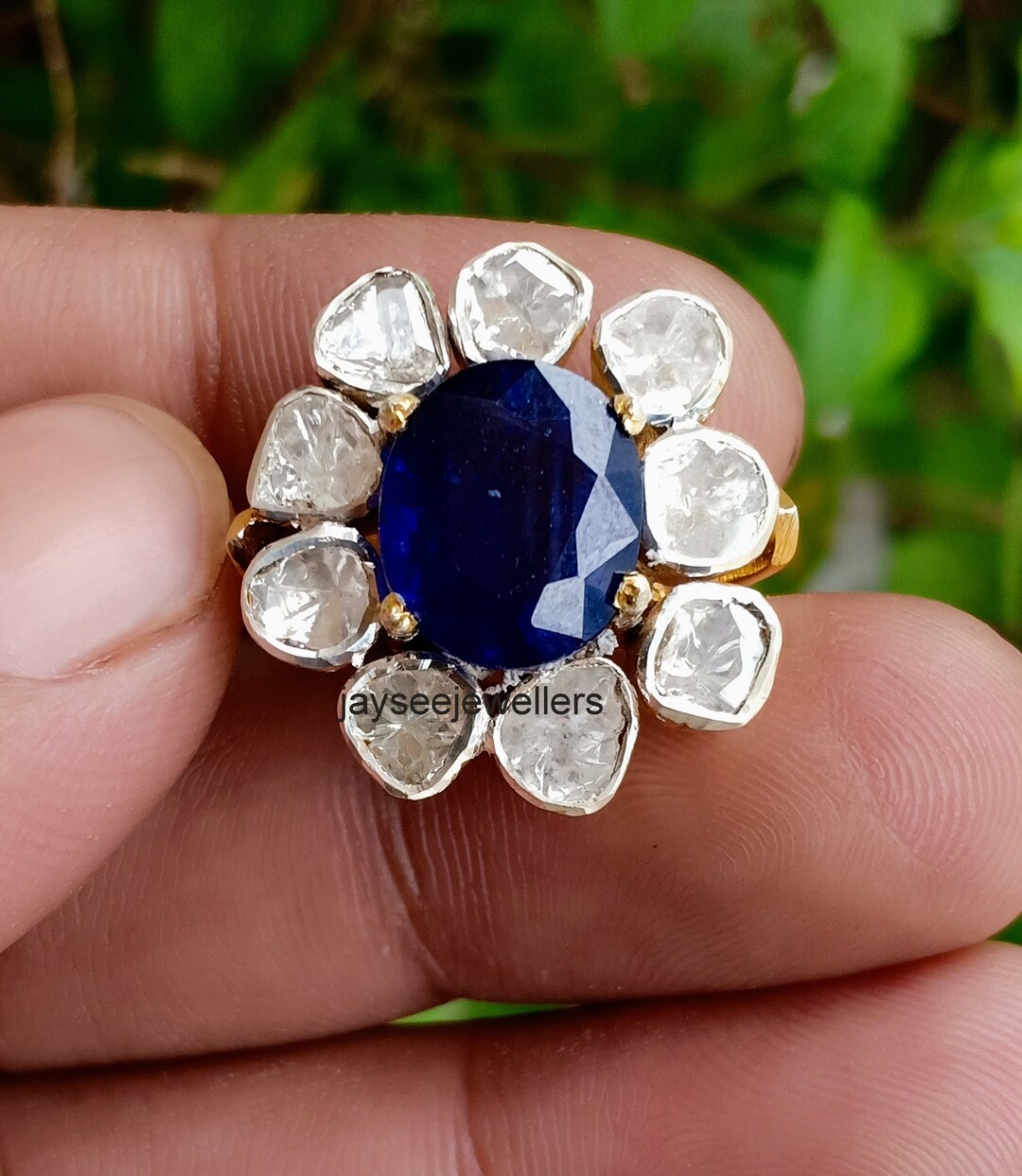 Handmade Polki Diamond & Blue Sapphire Ring: Victorian Sterling Silver ...