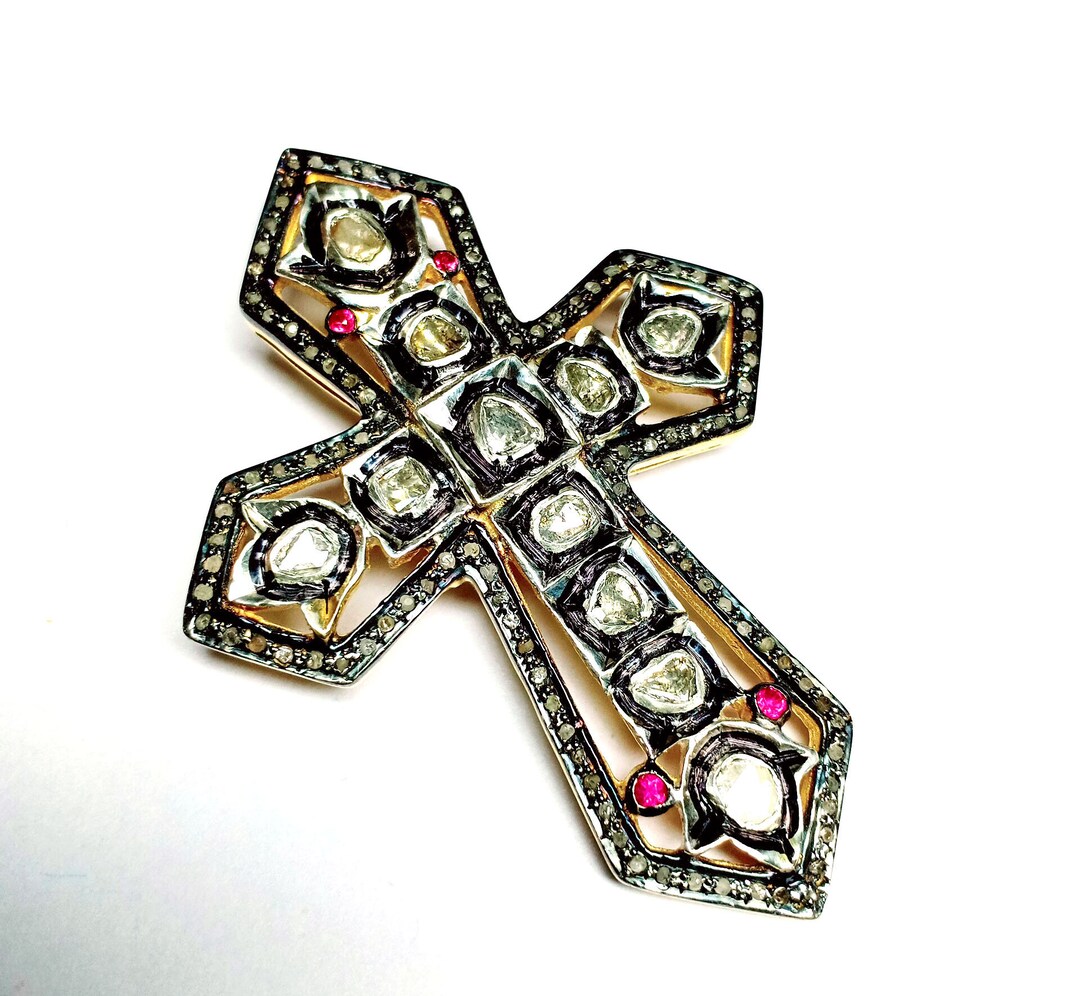 Natural Rose Cut Polki Pave Diamond & Rhodolite Cross Pendant-925 ...