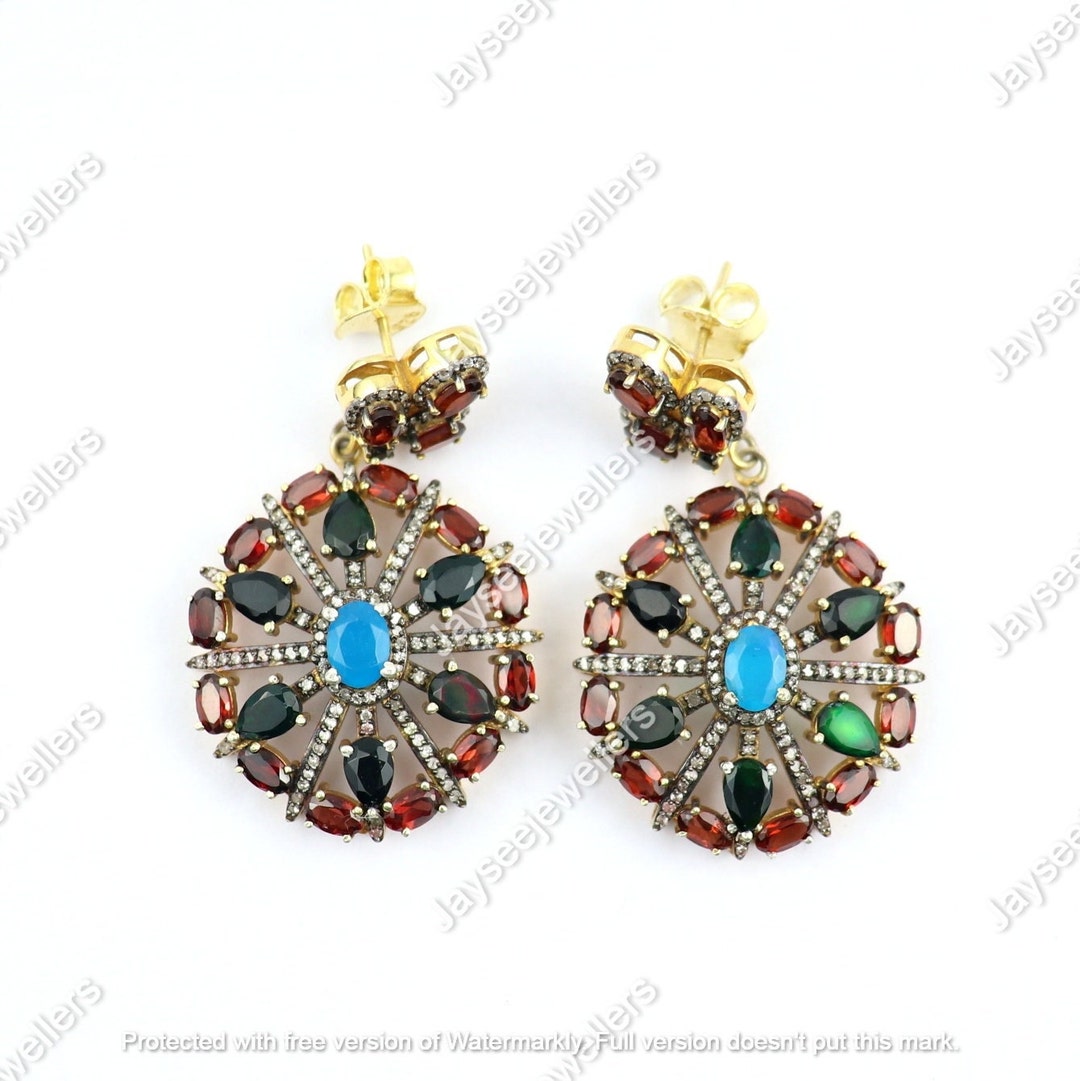 Festival Earring Garnet, Black Opal, Blue Opal, Diamond Earring, Garnet ...