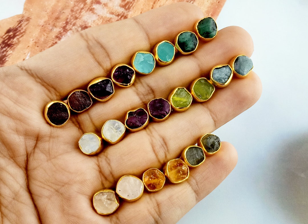 Raw Stud Earring, Collate Set Earring, Birthstone Gold-plated Raw ...