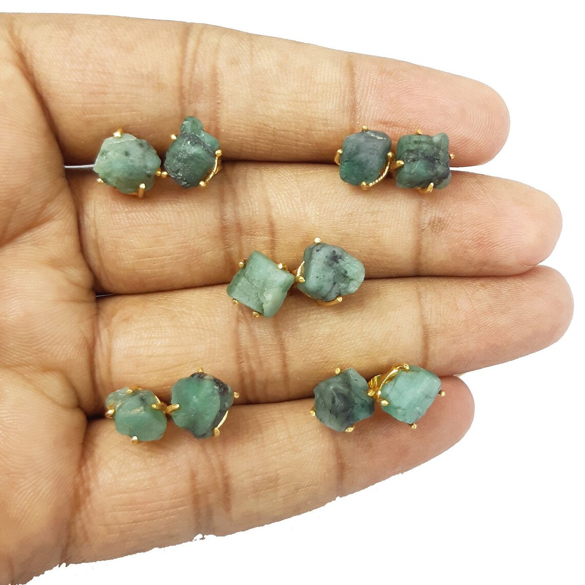 Emerald Raw Stud Earrings - May Birthstone Earrings- Prong Set Earring ...