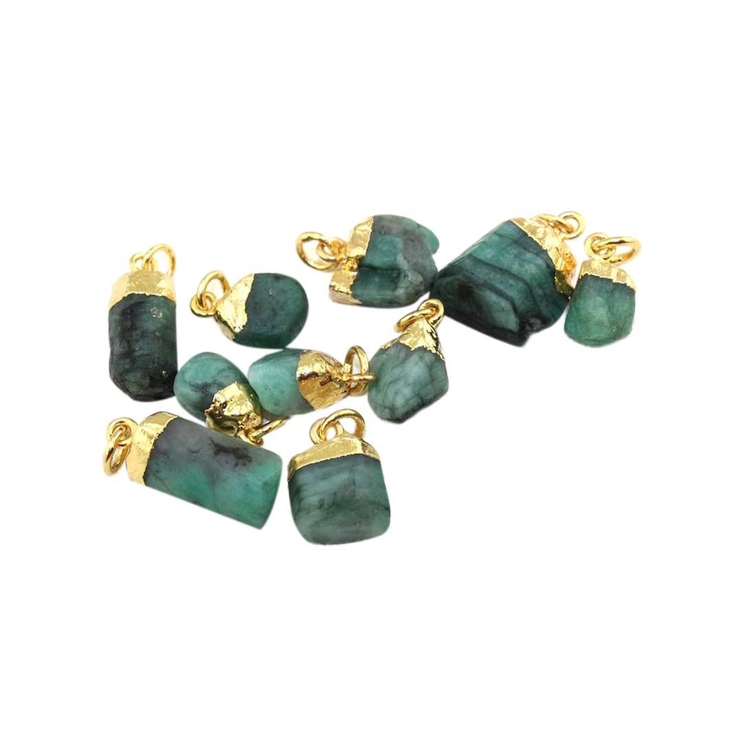 2 pcs, breloques pierres précieuses plaquées or émeraude brute ...