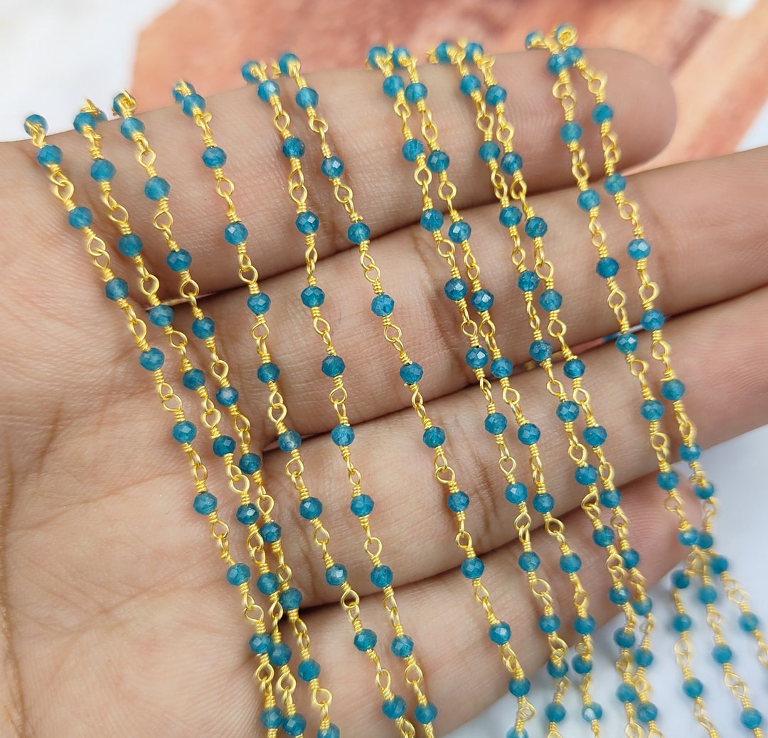 Neon Blue Apatite Beaded Chain - Bead Size 2mm, Gemstone Rosary Chain ...