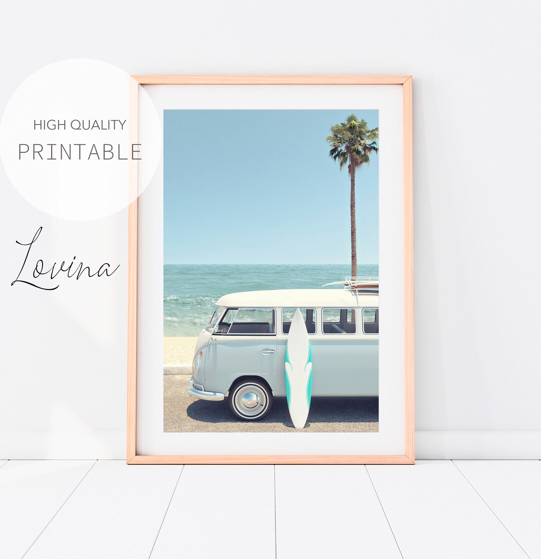 Beach Wall Art Print, Retro Combi Van Photo, DIGITAL DOWNLOAD, Palm ...
