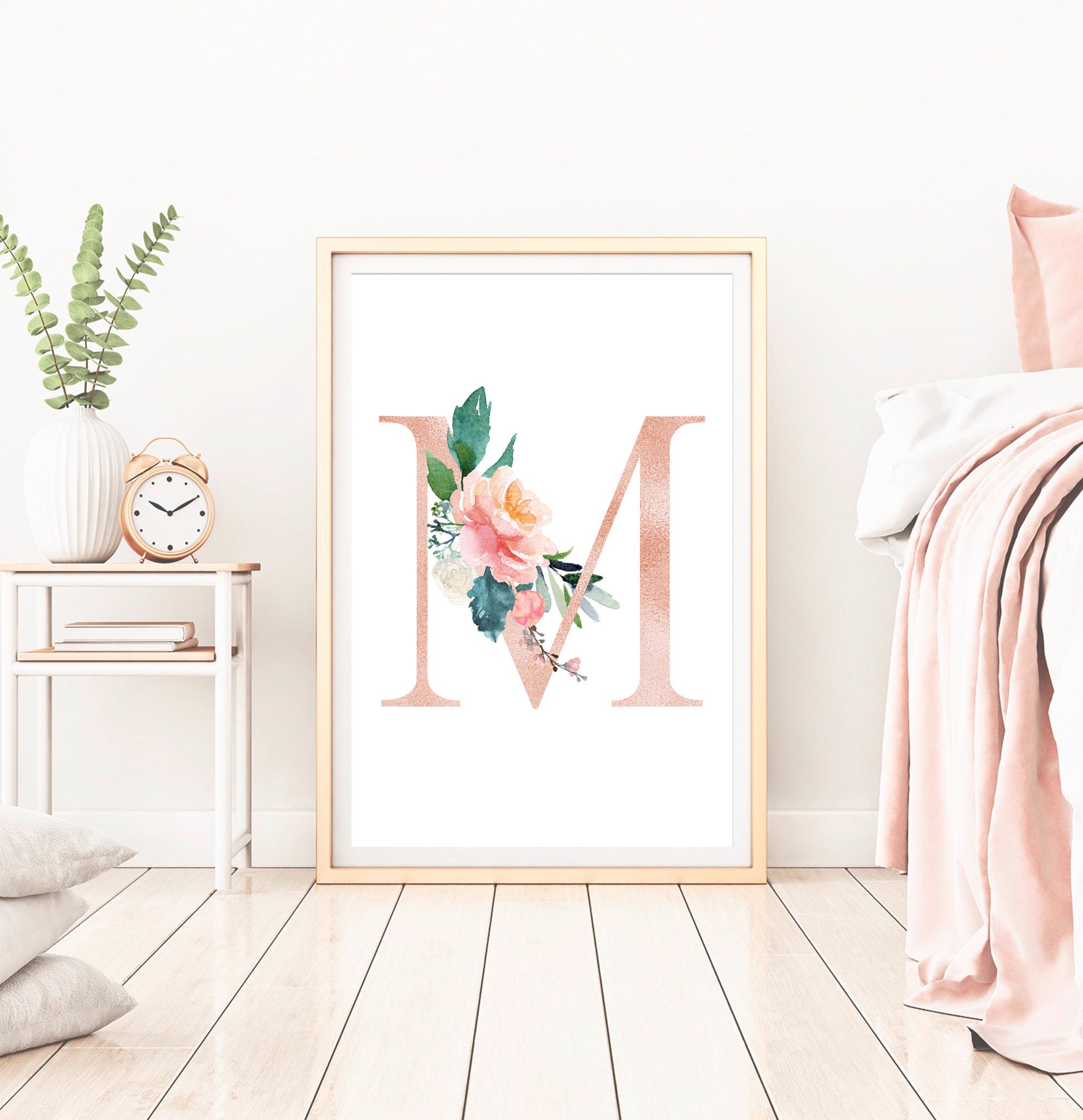Letter M Print Blush Pink Floral Letters Alphabet Print | Etsy