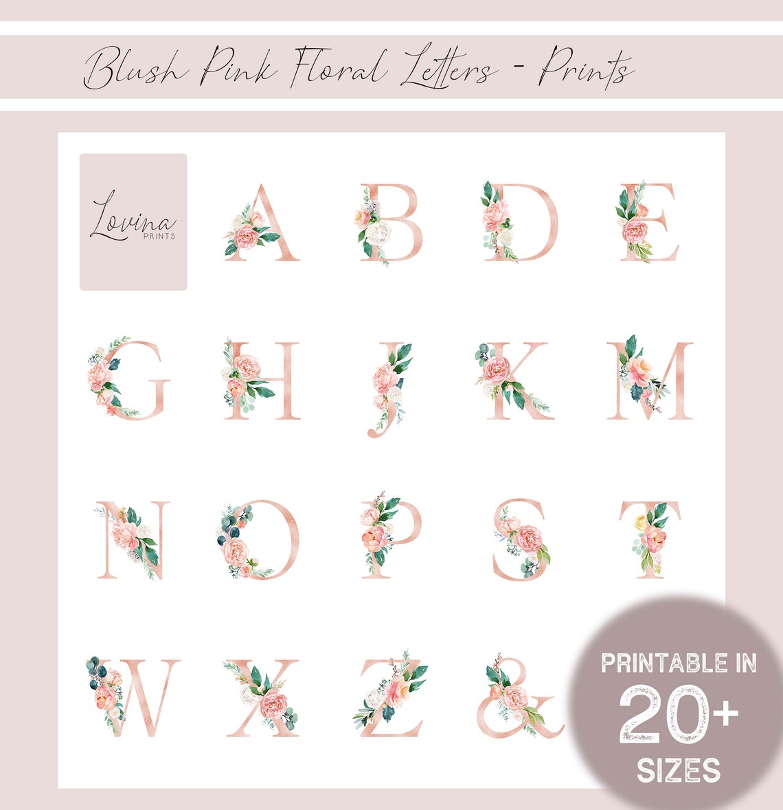 Letter E Print Blush Pink Floral Letters Alphabet Print - Etsy