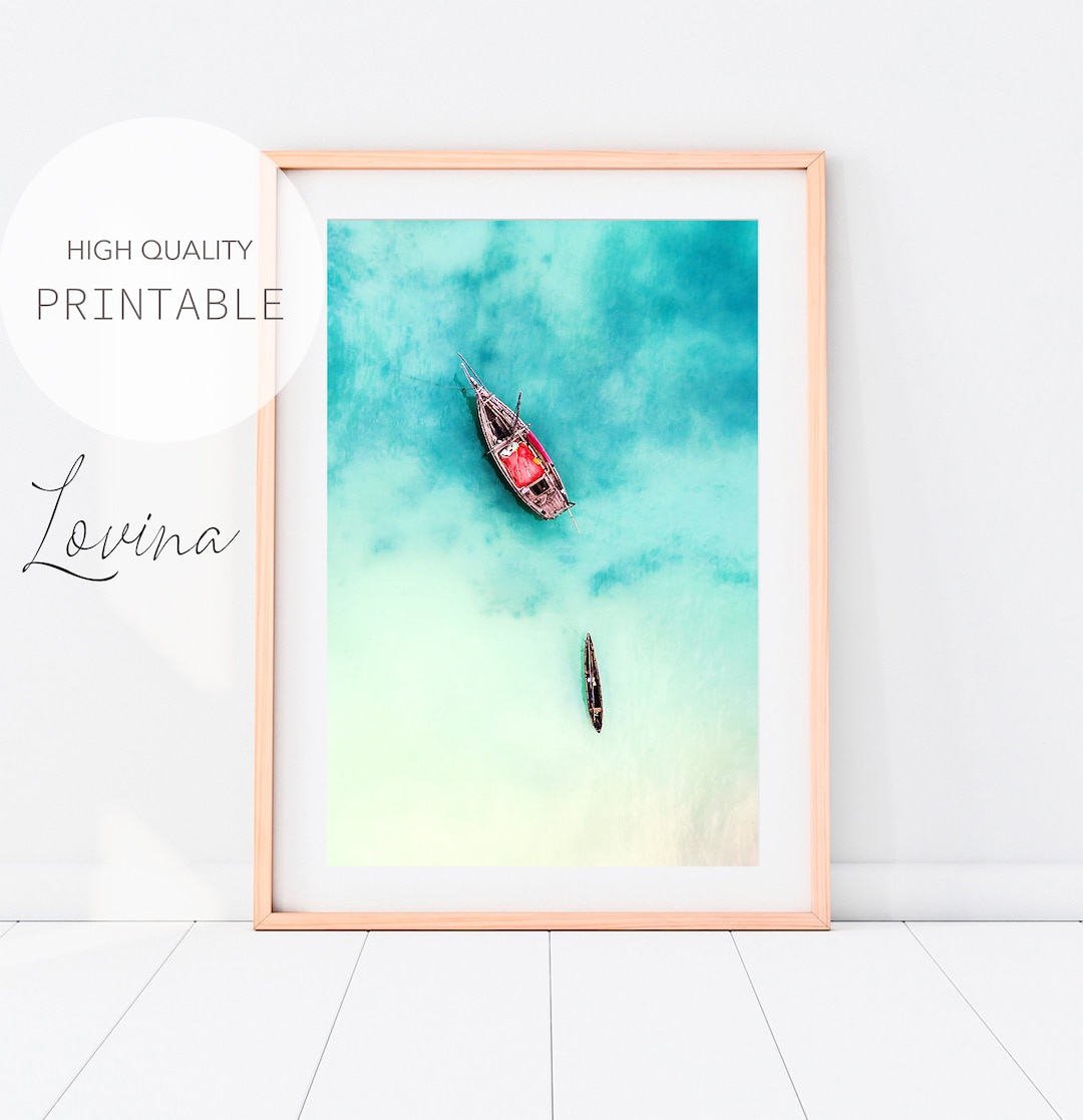 Boat Poster, Aerial Ocean Print, Large Coastal Print, Minimalist Ocean ...