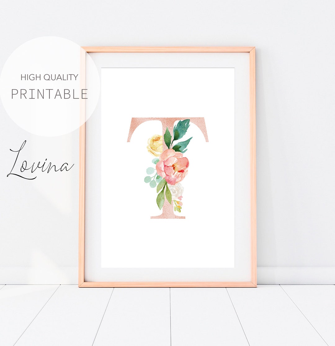 Letter T Print, Blush Pink Floral Letters, Alphabet Print, Letter T ...