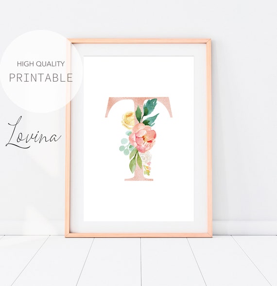 Letter T Print Blush Pink Floral Letters Alphabet Print - Etsy