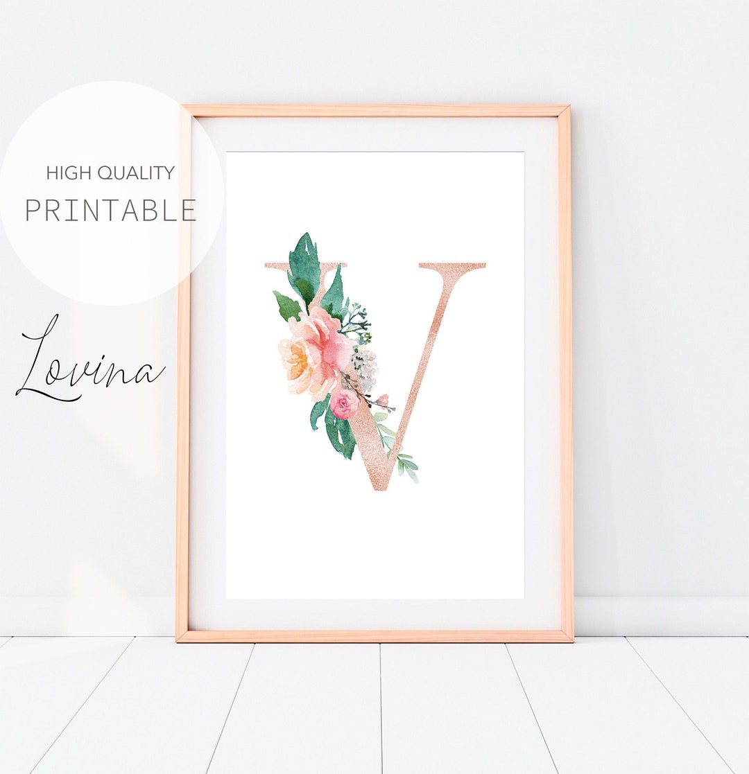 Letter V Print, Blush Pink Floral Letters, Alphabet Print, Letter V ...