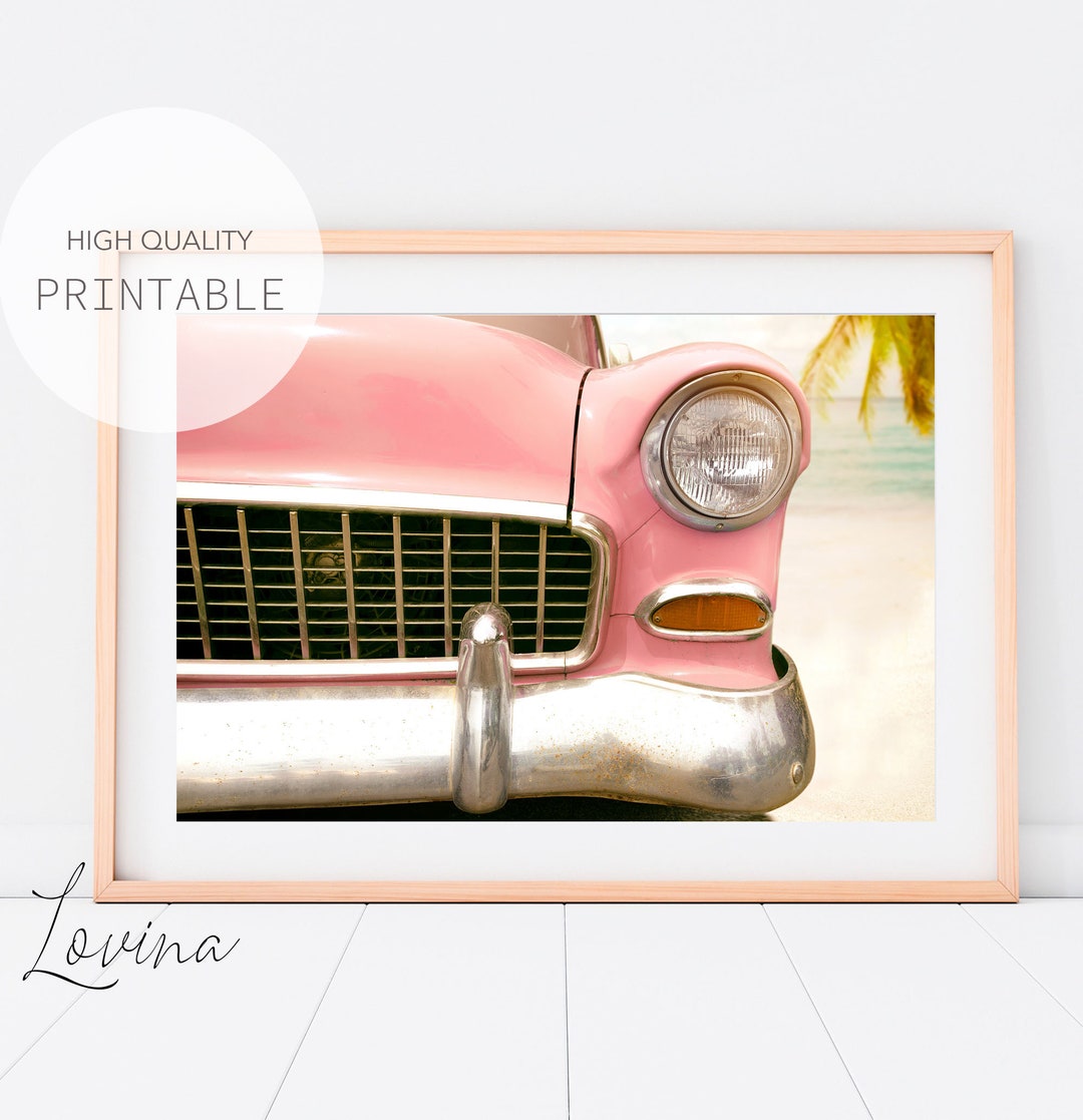Pink Retro Car Print, Vintage Beach Photo, Retro Car Poster, Vintage ...