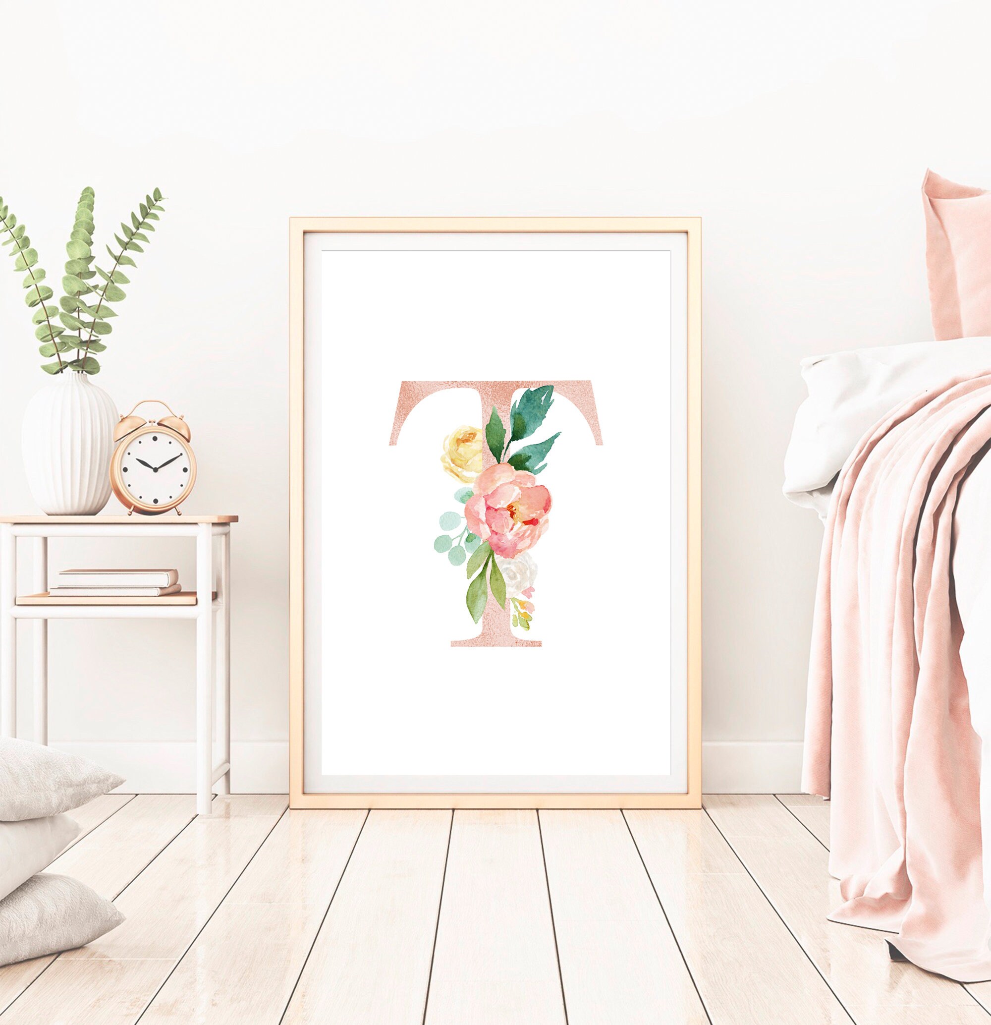 Letter T Print Blush Pink Floral Letters Alphabet Print - Etsy