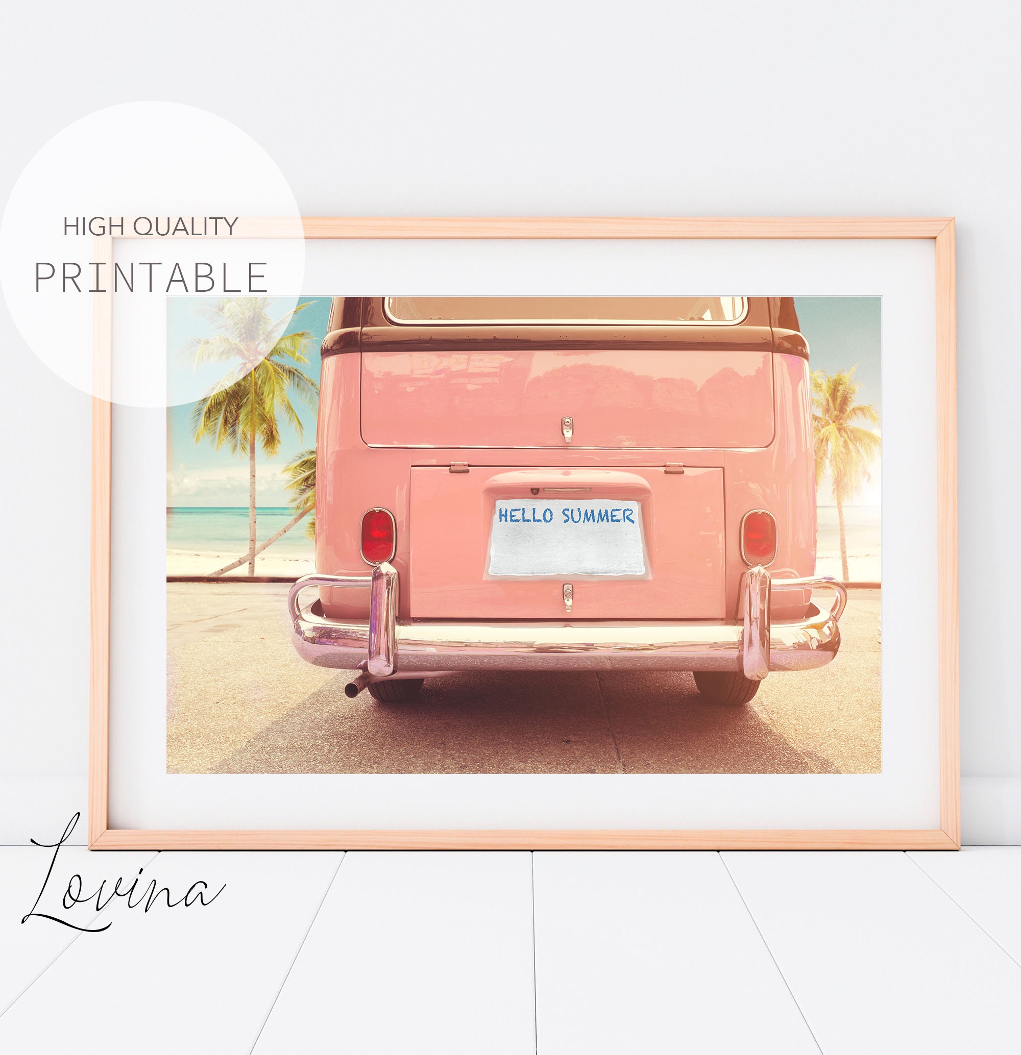 Pink Retro Van Print, Vintage Beach Print, DIGITAL DOWNLOAD, Retro ...