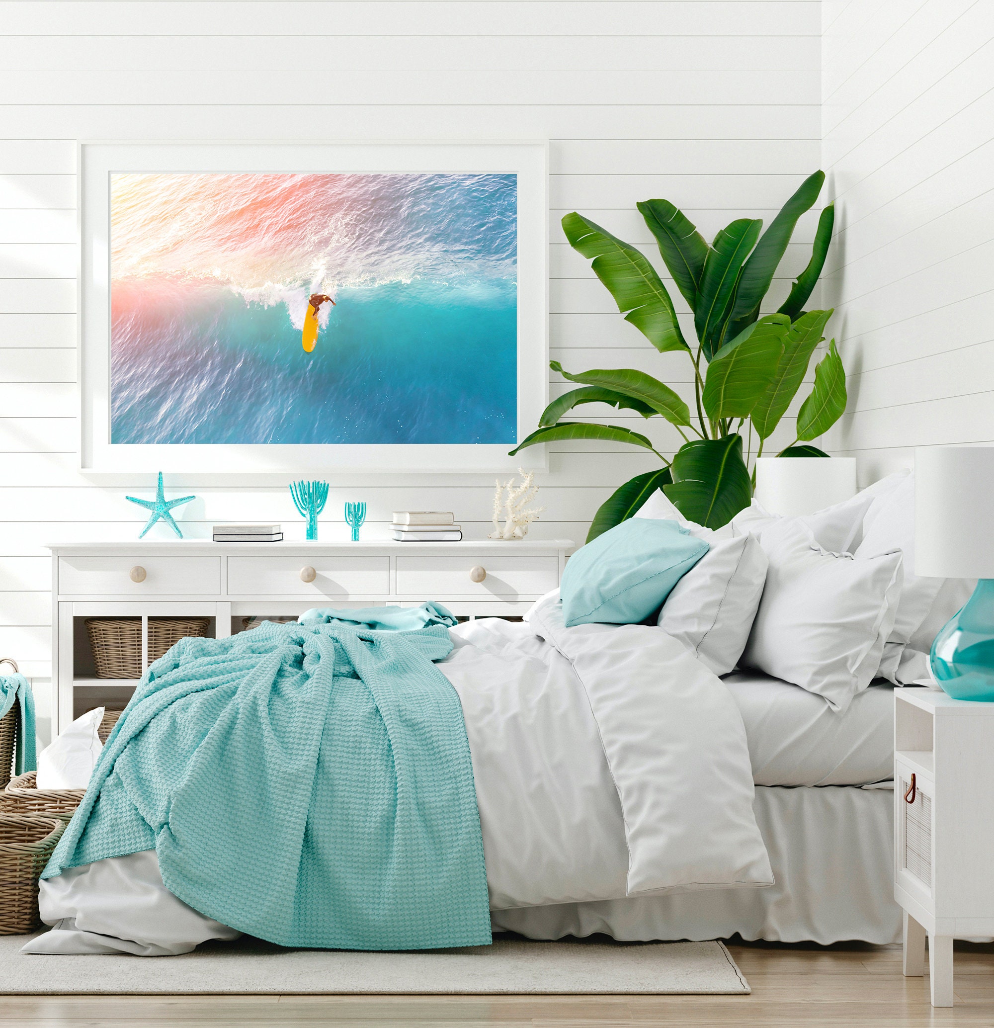 Aerial Surf Poster, Surfboard Wall Art, Aerial Ocean Print, Pink Teal ...