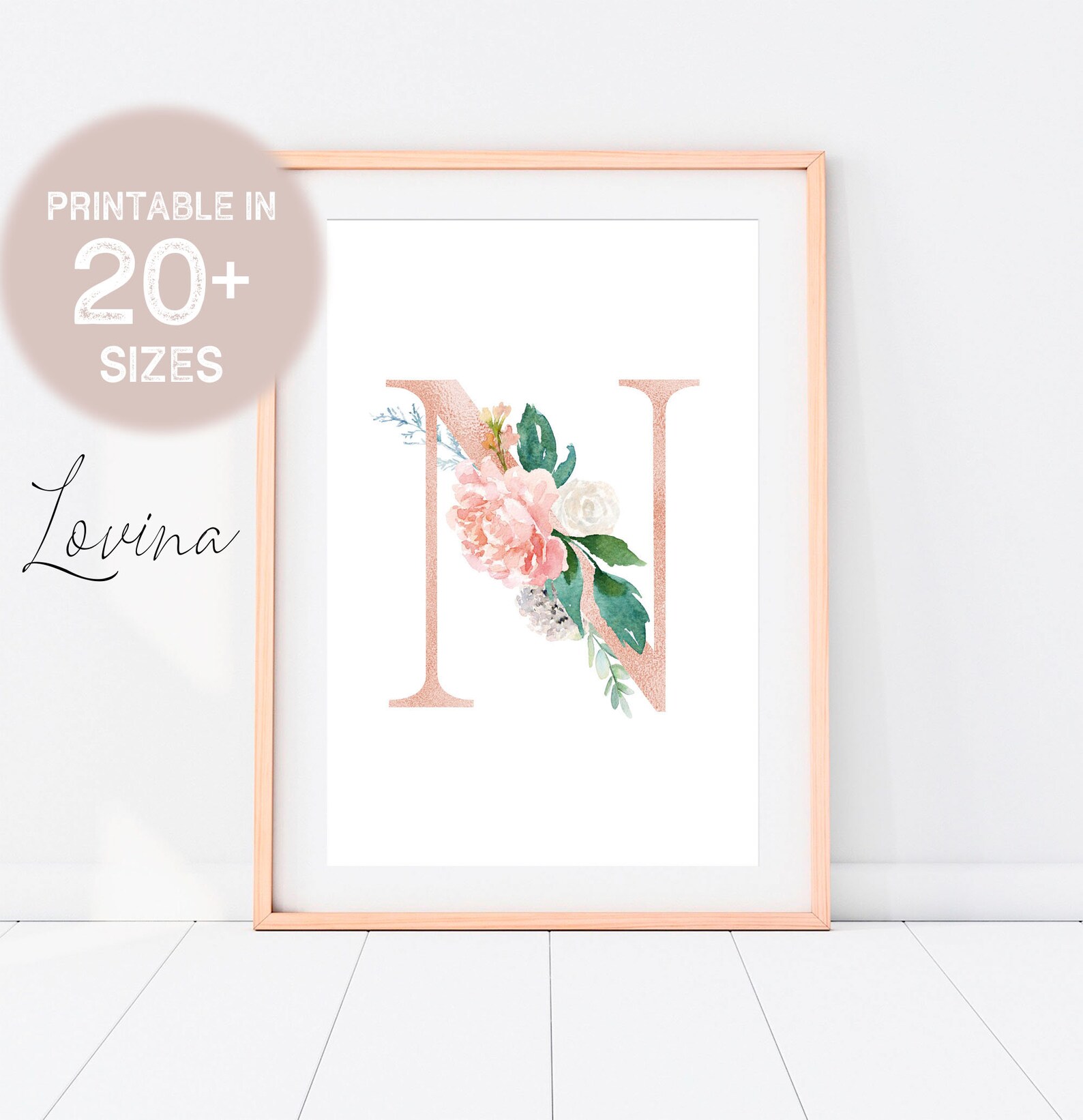 Letter N Print Blush Pink Floral Letters Alphabet Print | Etsy