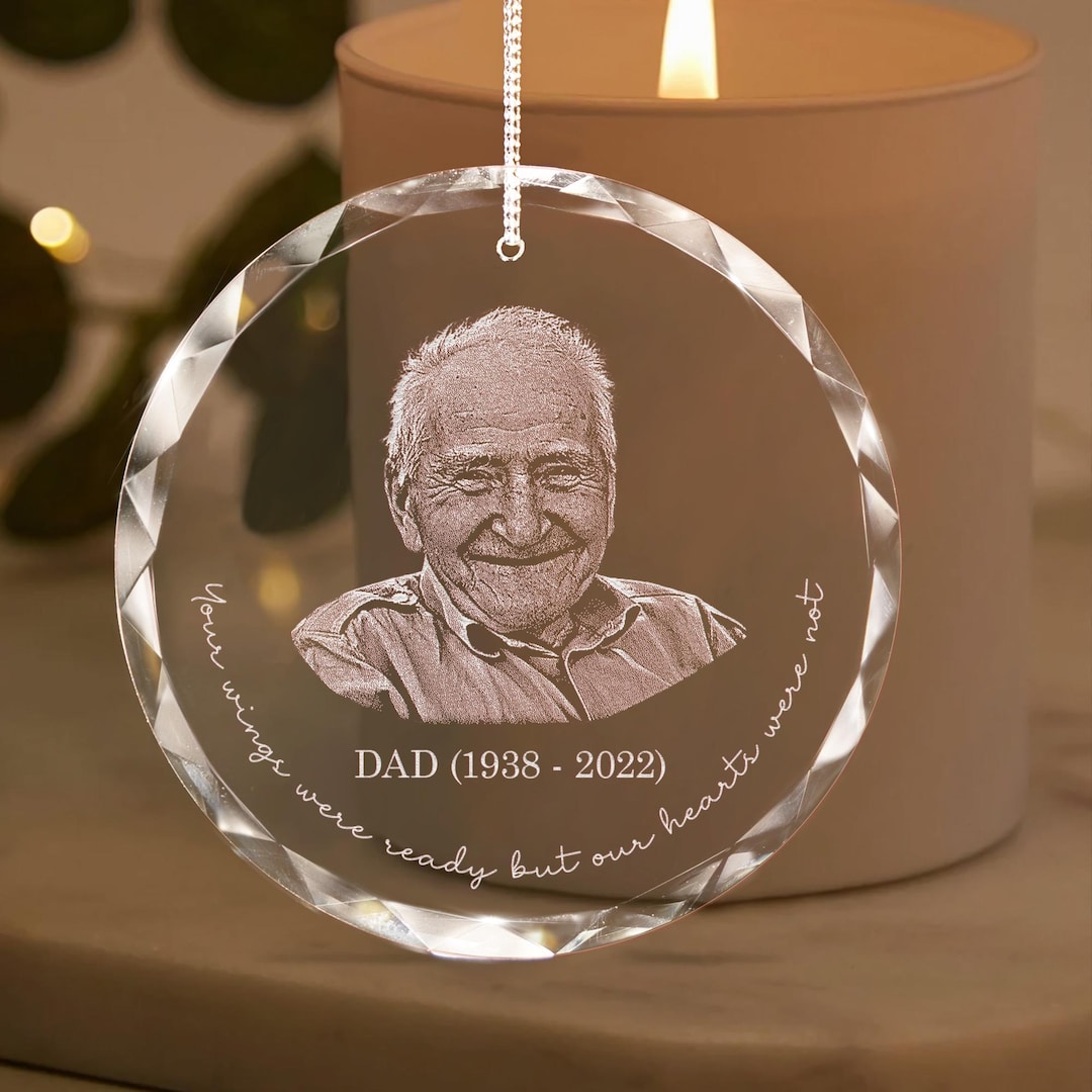 Personalized Memorial Crystal Ornament, Engraved Photo Christmas Ornament, Loss of Father Gift ...