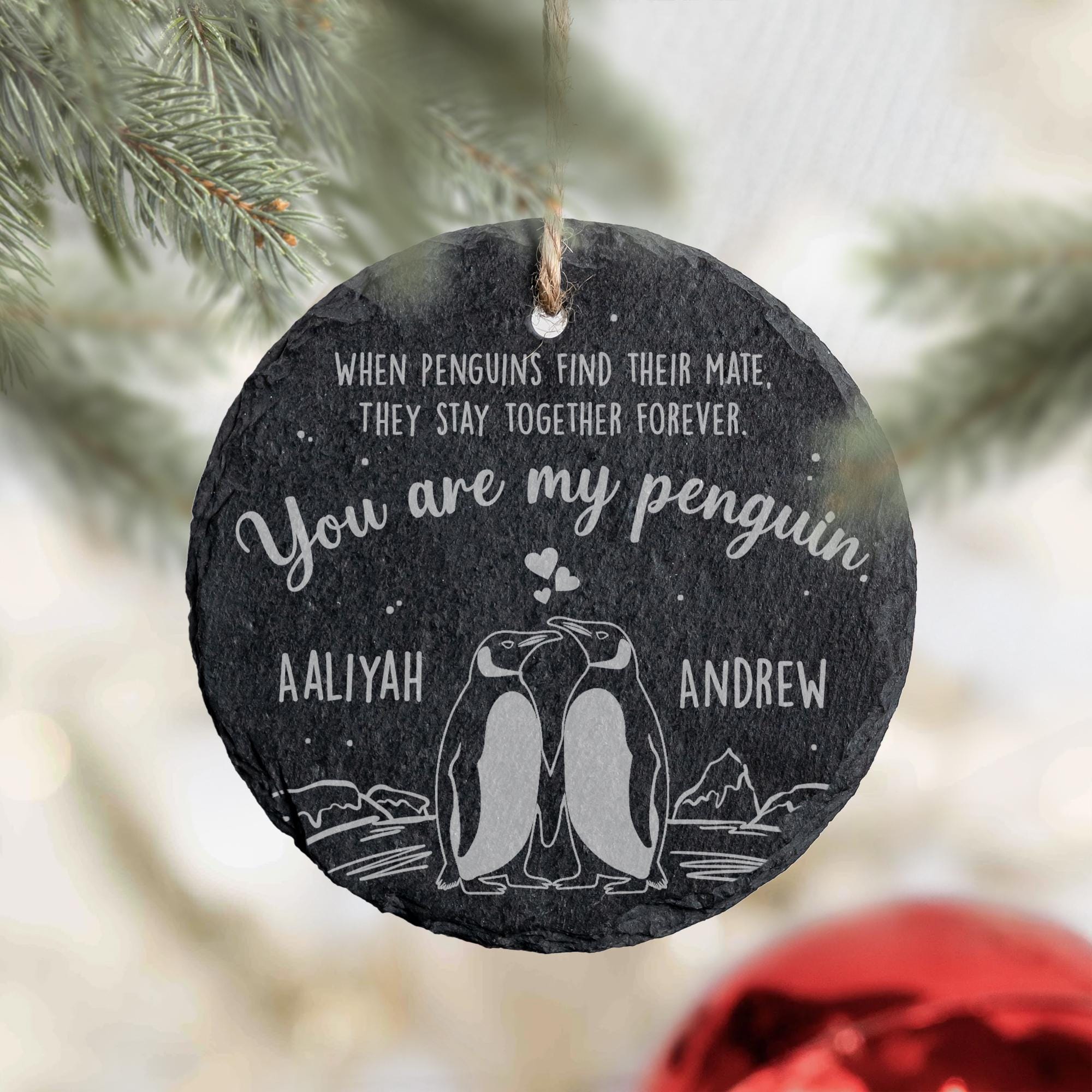 Custom Engraved Penguin Stone Ornament, Personalized Wedding ...