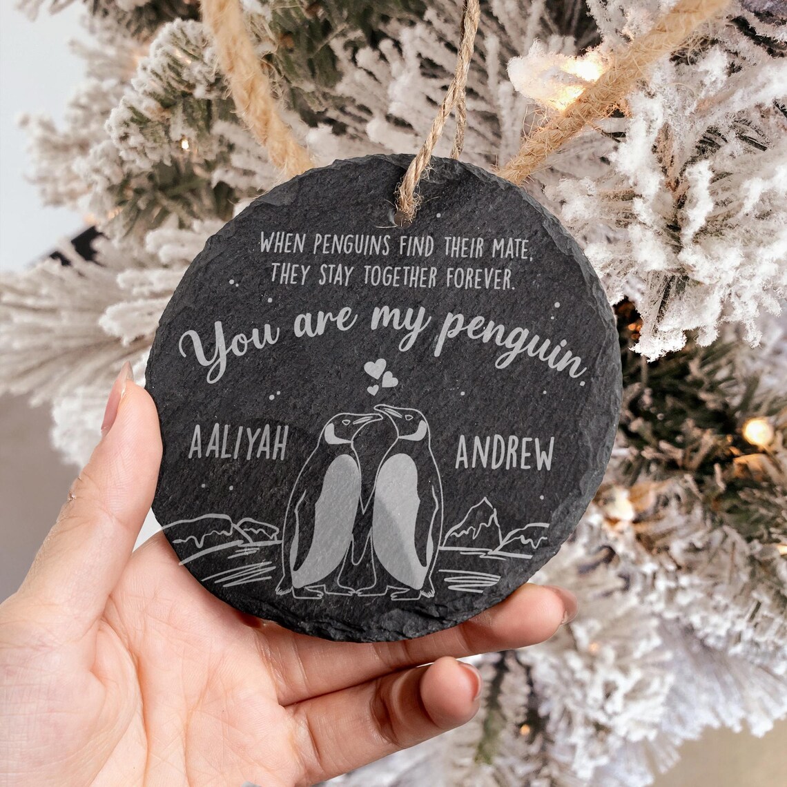 Custom Engraved Penguin Stone Ornament, Personalized Wedding ...