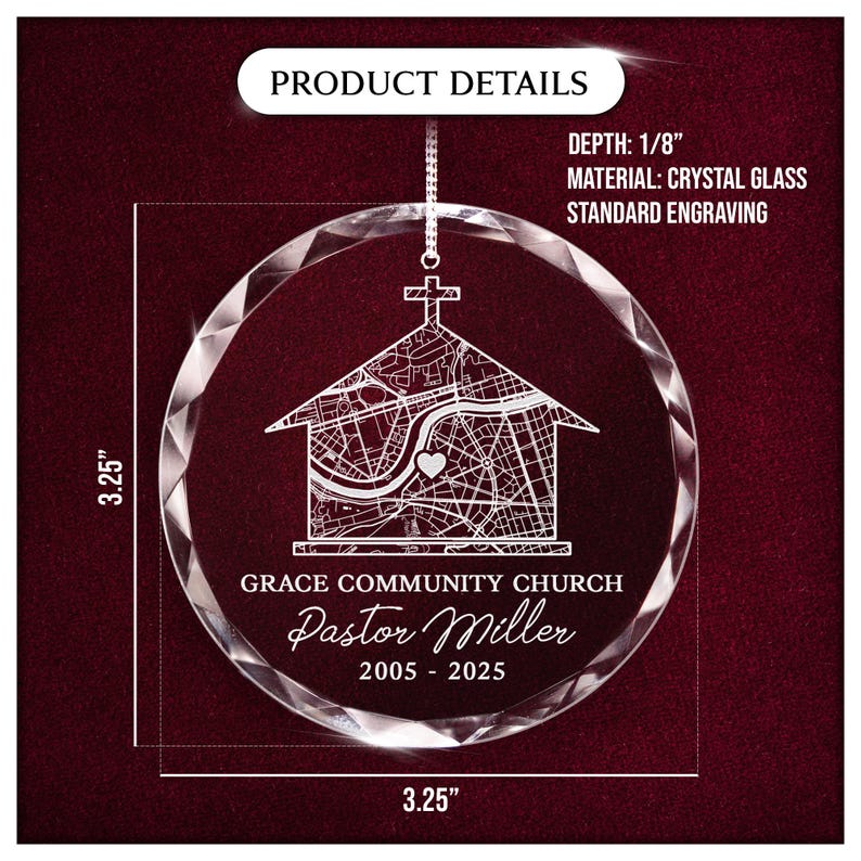 Personalized Church Map Crystal Ornament - Custom Christmas Pastor ...