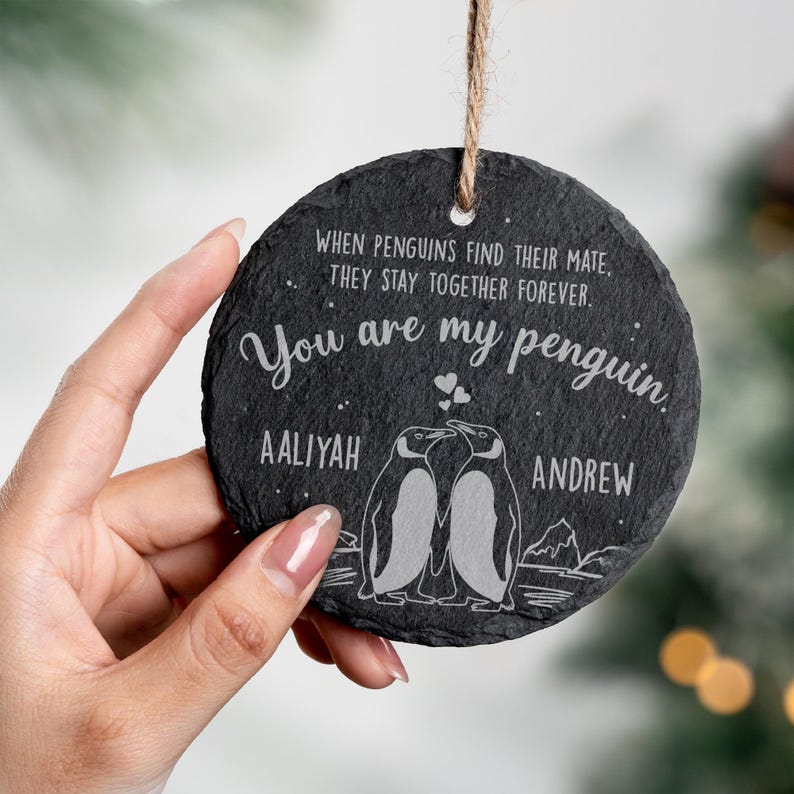 Custom Engraved Penguin Stone Ornament, Personalized Wedding ...