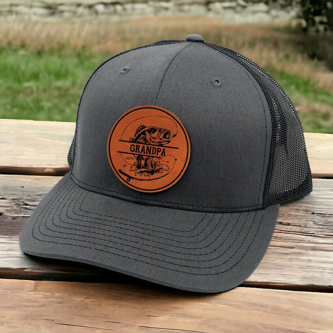Custom Fishing Leather Patch Trucker Hat - Personalized Father's Day ...