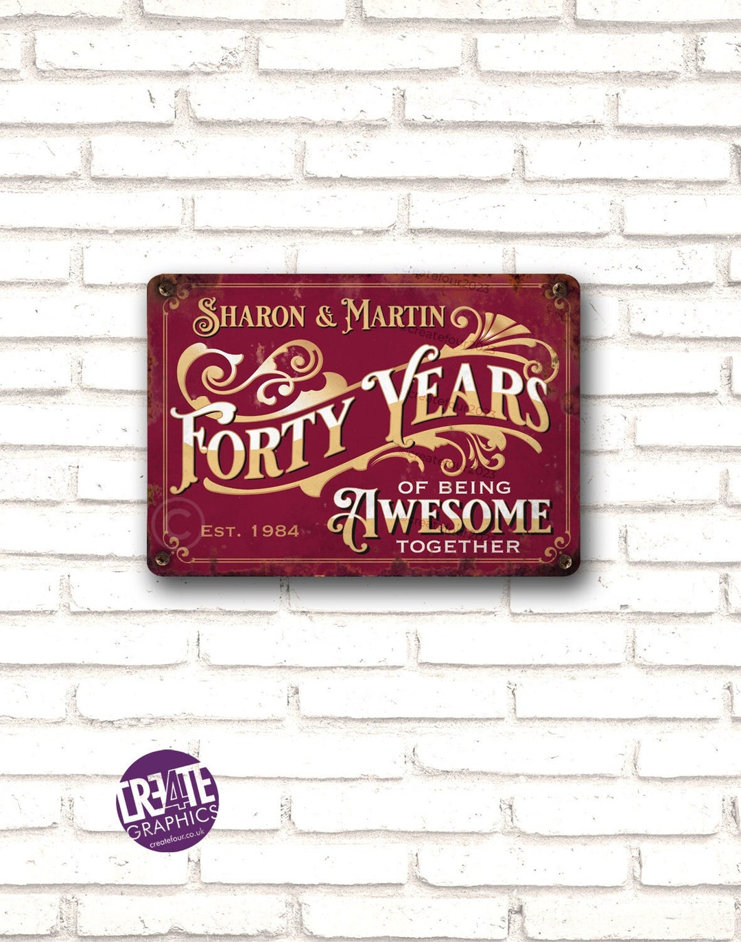 Personalised Ruby Anniversary Gift, Metal Rusty Look Printed Sign, 40th ...