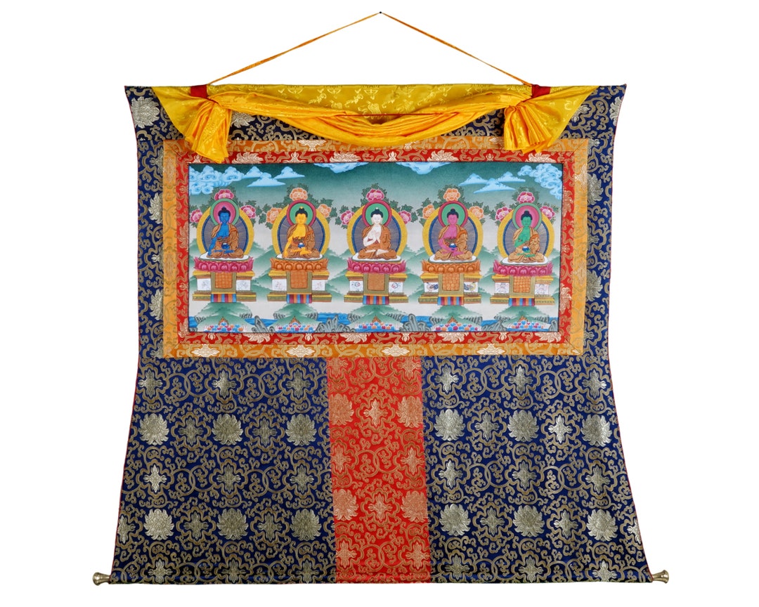 Thangka Pancha Buddha Hand Painted in Tibetan Brocade Frame 150 X 124 ...