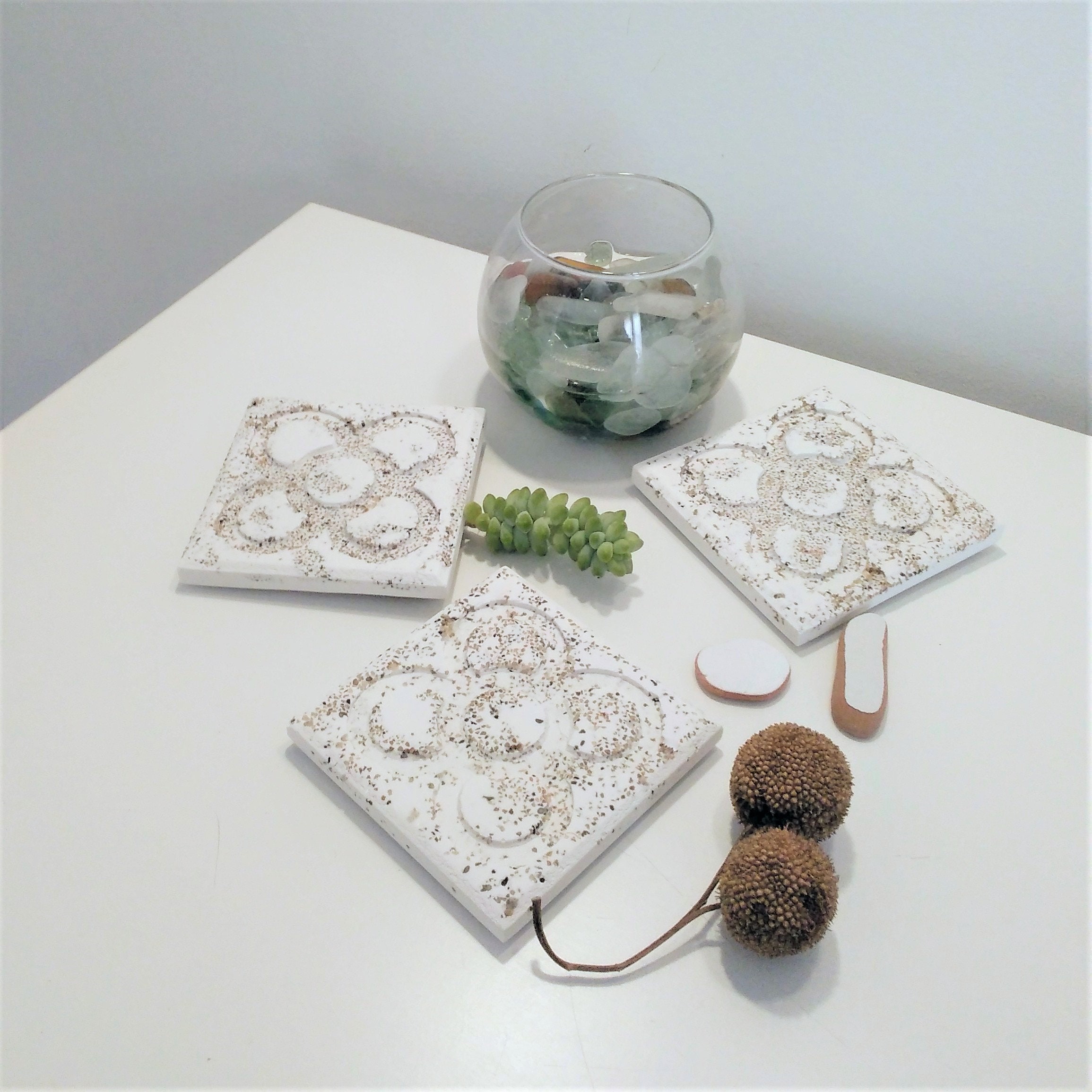 3 Panot coasters white with sand grains Barcelona flower | Etsy