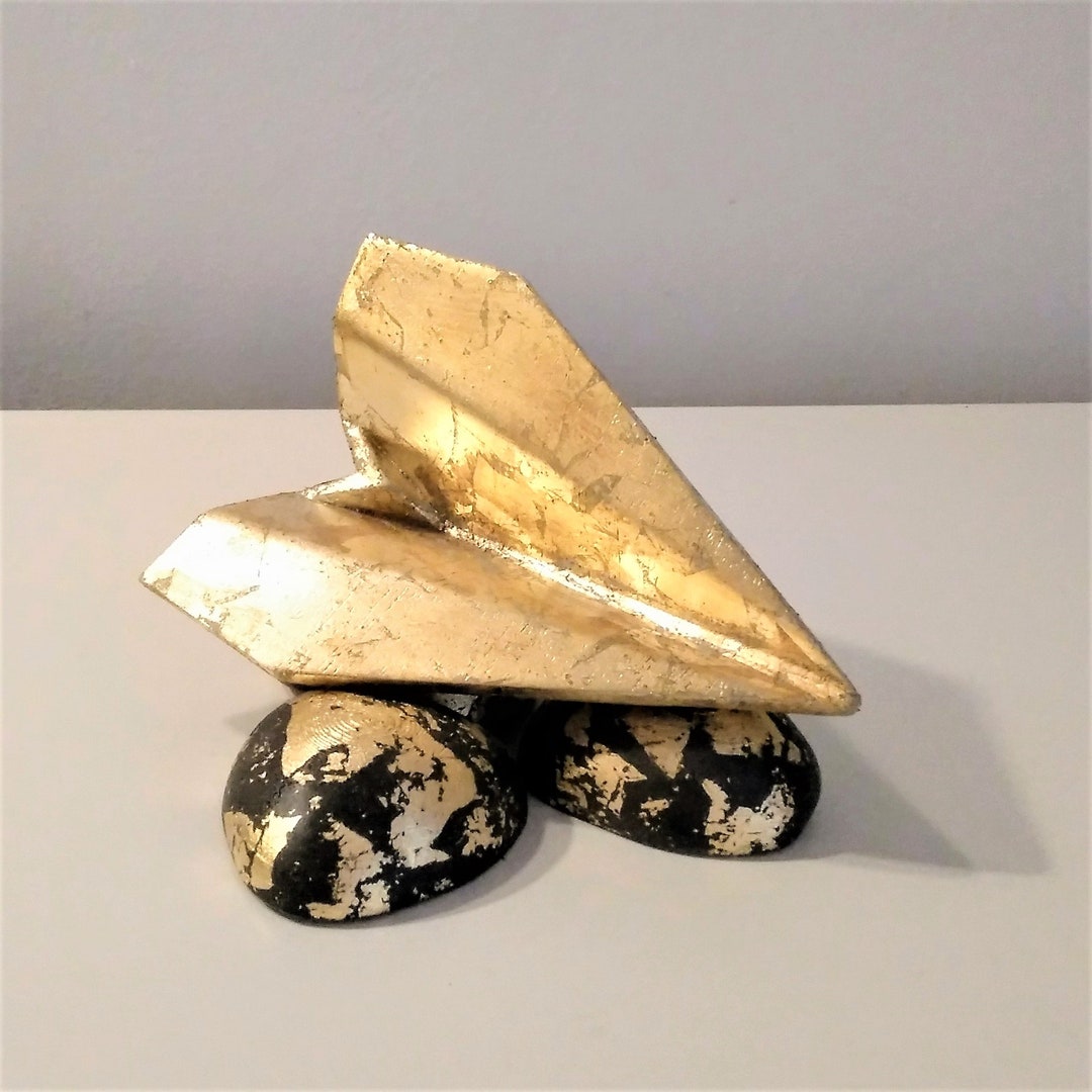 Origami Style Airplane With Golden Metal Finish in Grey Ceramic Resin ...