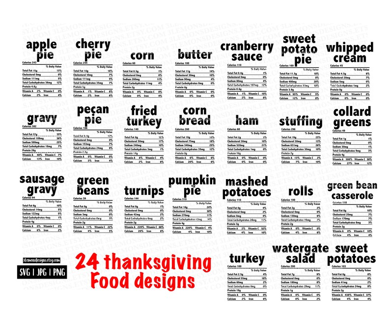 Thanksgiving food nutrition facts 24 bundle svg shirt design | Etsy