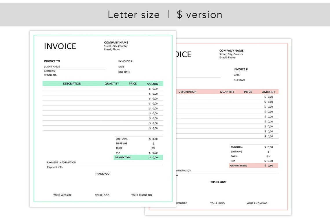 Invoice Template, Instant Download, Printable Invoice Design, Editable ...