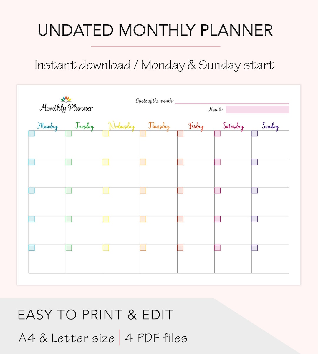Undated Printable Monthly Planner, Monday and Sunday Start, Instant ...