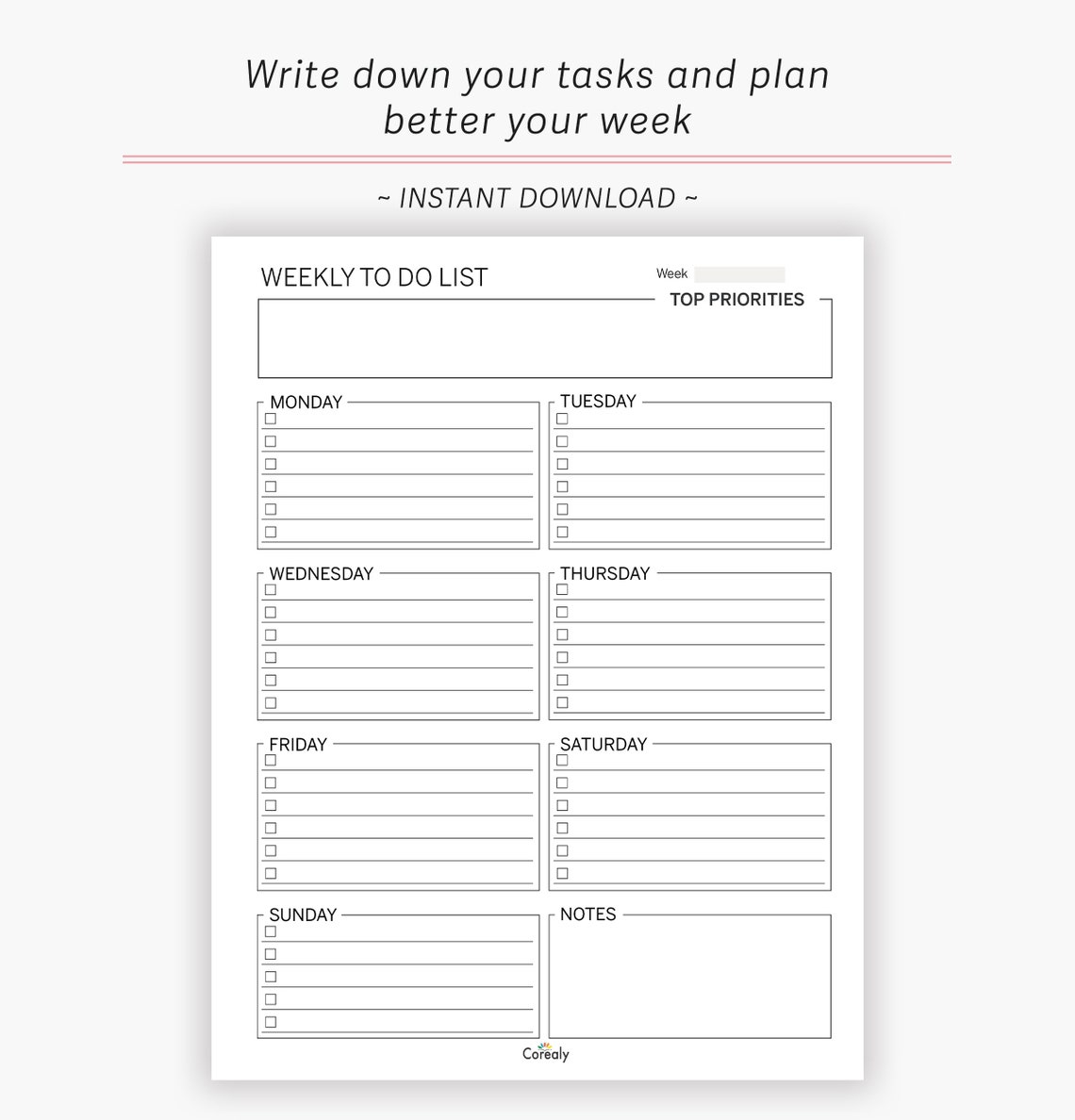 Weekly to Do List, Printable PDF Template, Fillable, Weekly Notes ...