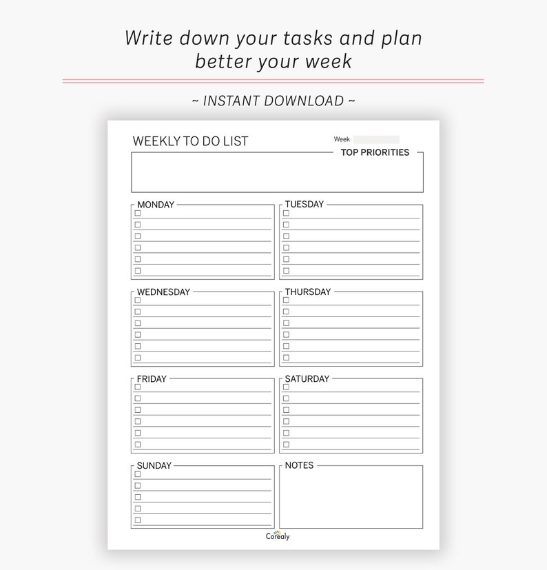 Weekly To Do List Printable PDF Template Fillable Weekly Etsy Australia