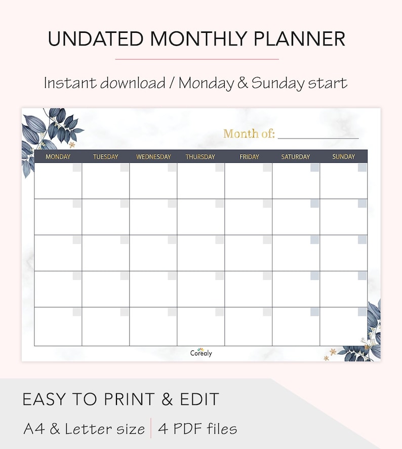 Undated Printable Monthly Planner, Monday and Sunday Start, Instant ...