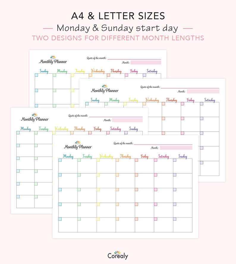 Undated Printable Monthly Planner, Monday and Sunday Start, Instant ...