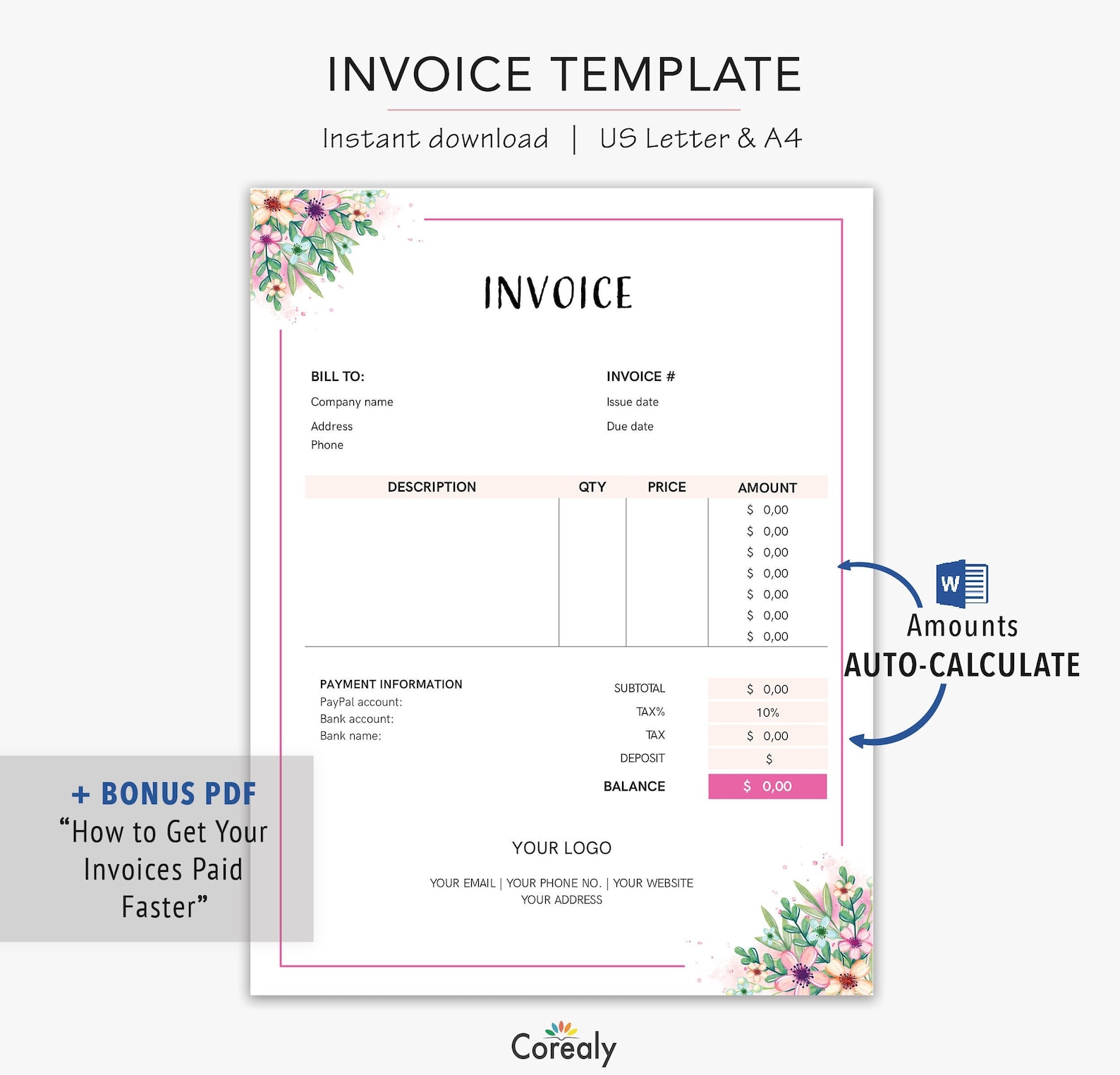 Invoice Template Word, Auto-calculate, Printable Invoice Design ...
