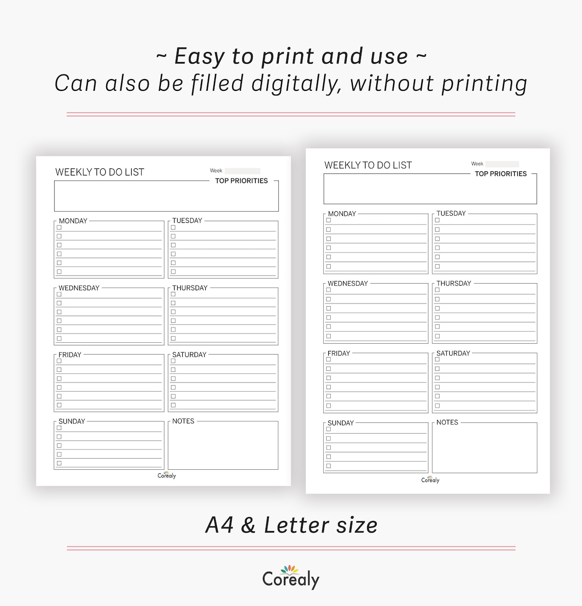 Weekly to Do List, Printable PDF Template, Fillable, Weekly Notes ...