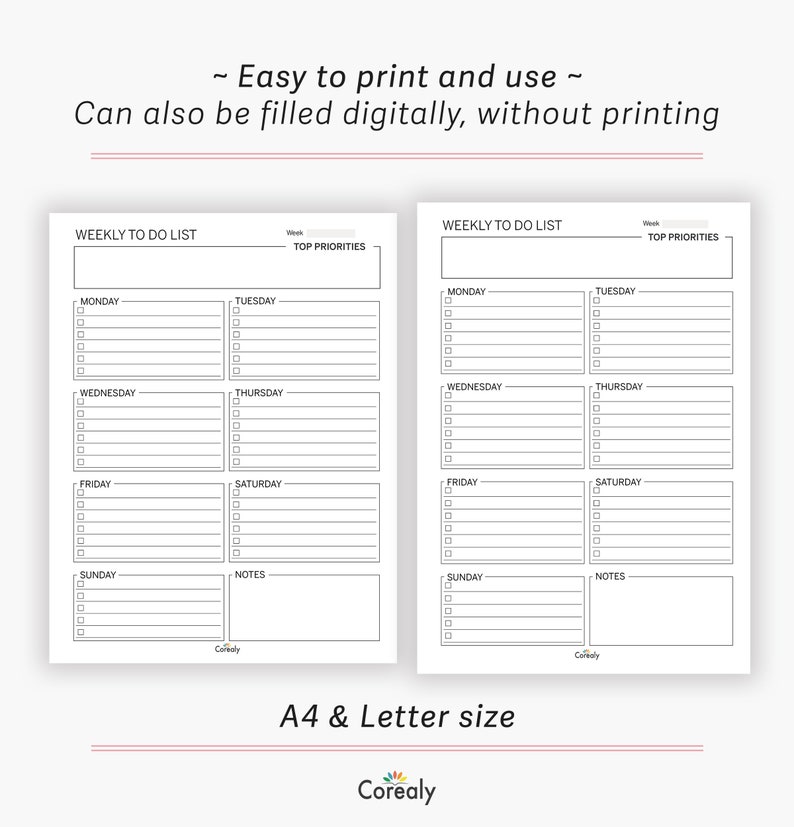 Weekly to Do List, Printable PDF Template, Fillable, Weekly Notes ...
