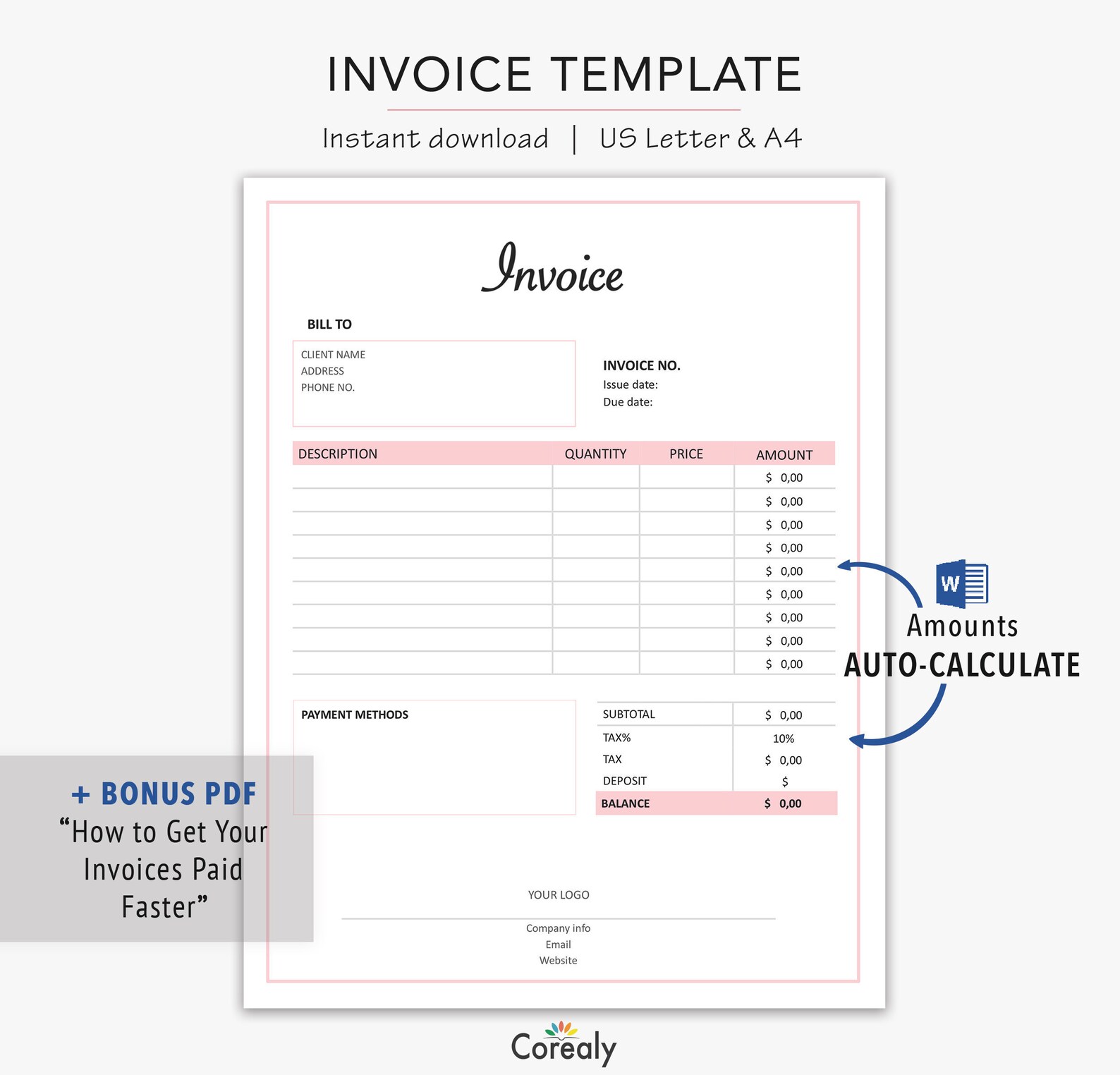 Invoice Template Word, Auto-calculate, Printable Invoice Design ...