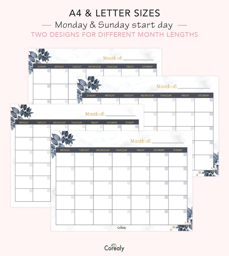 Undated Printable Monthly Planner, Monday and Sunday Start, Instant ...