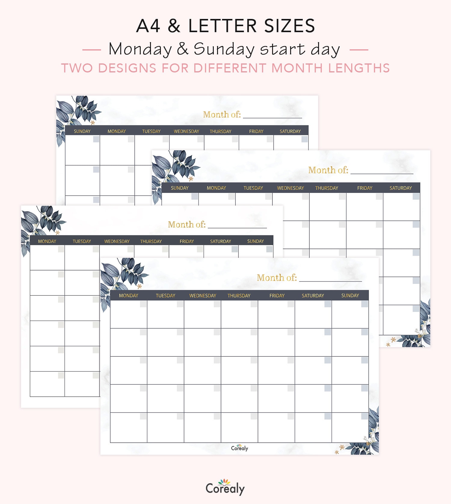 Undated Printable Monthly Planner, Monday and Sunday Start, Instant ...