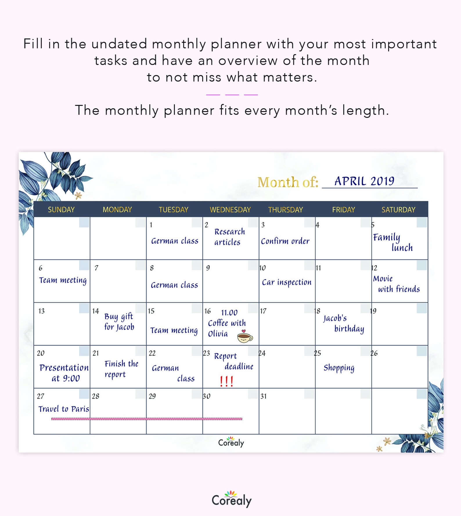 Undated Printable Monthly Planner, Monday and Sunday Start, Instant ...