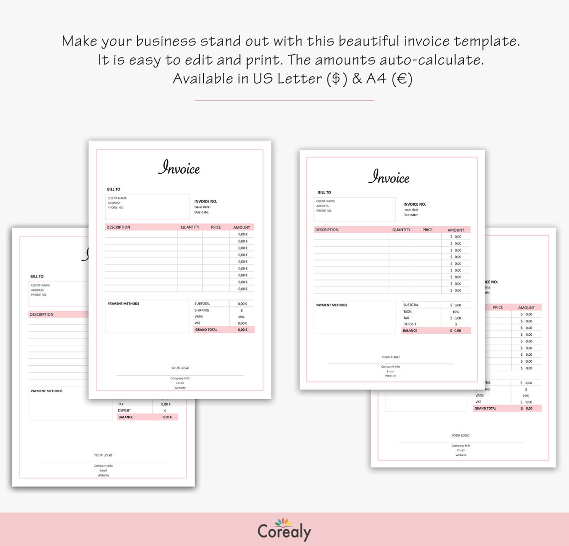 Invoice Template Word, Auto-calculate, Printable Invoice Design ...