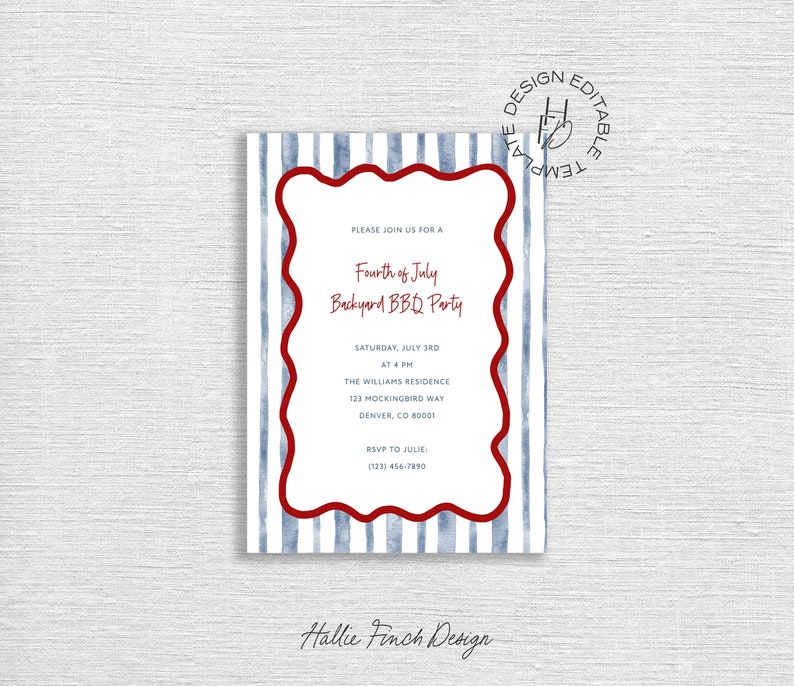 Fourth of July Party Invitation Printable Template, Patriotic Stripes ...