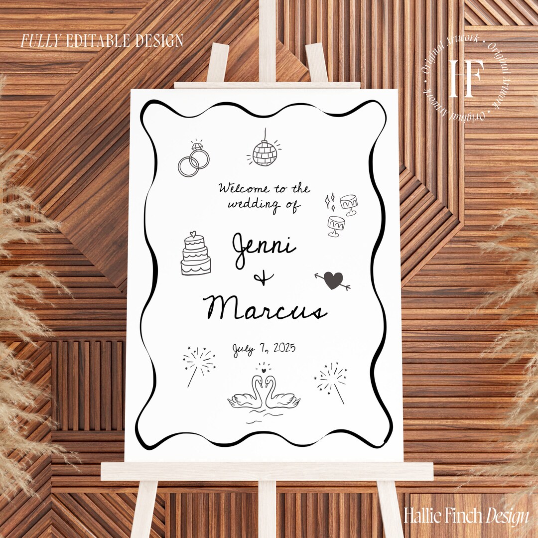 Doodle Handdrawn Illustrations Sign Template for Wedding Events ...
