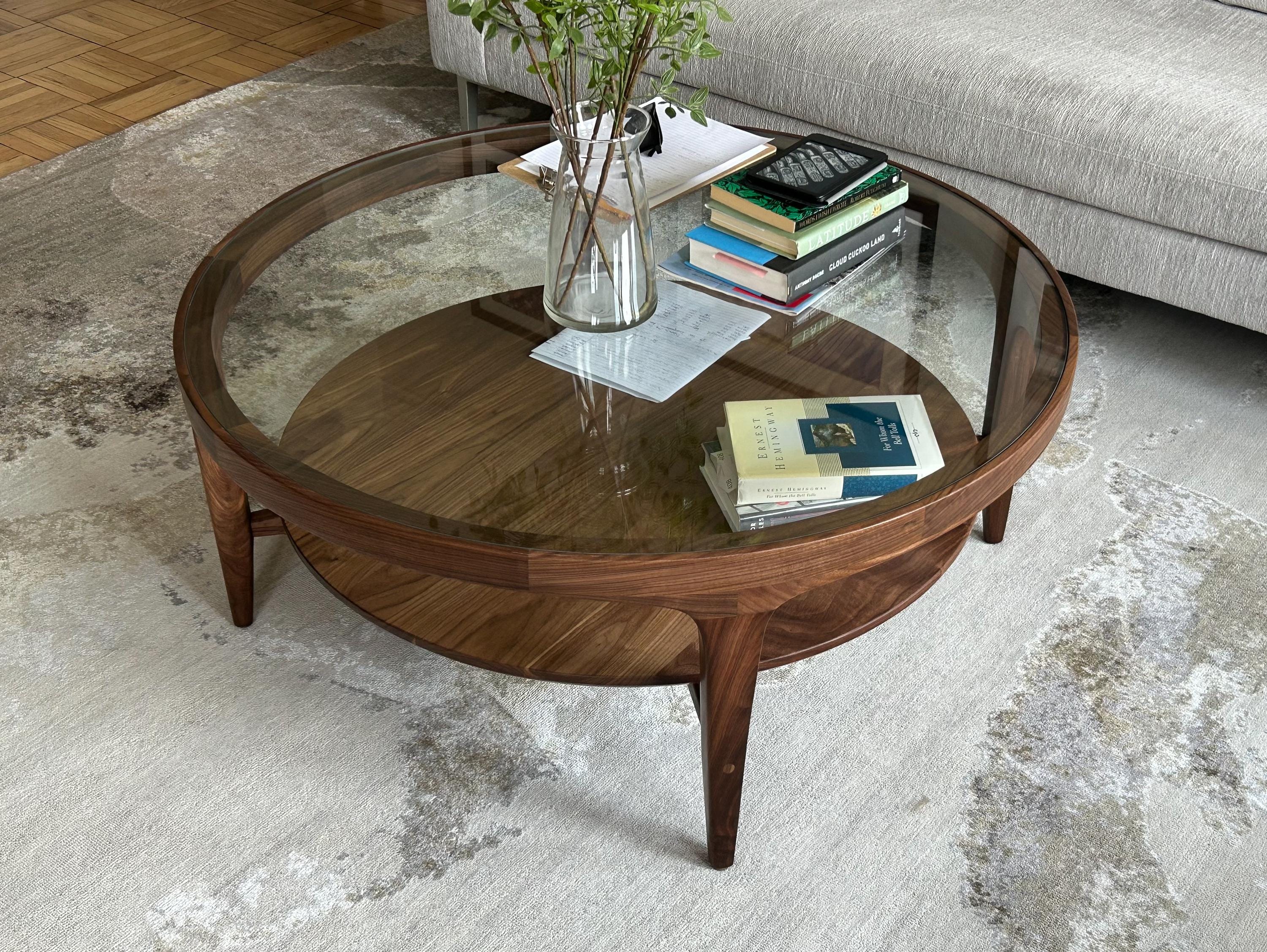 Modern Round Wood Coffee Table With Glass Top, USA Made - Etsy