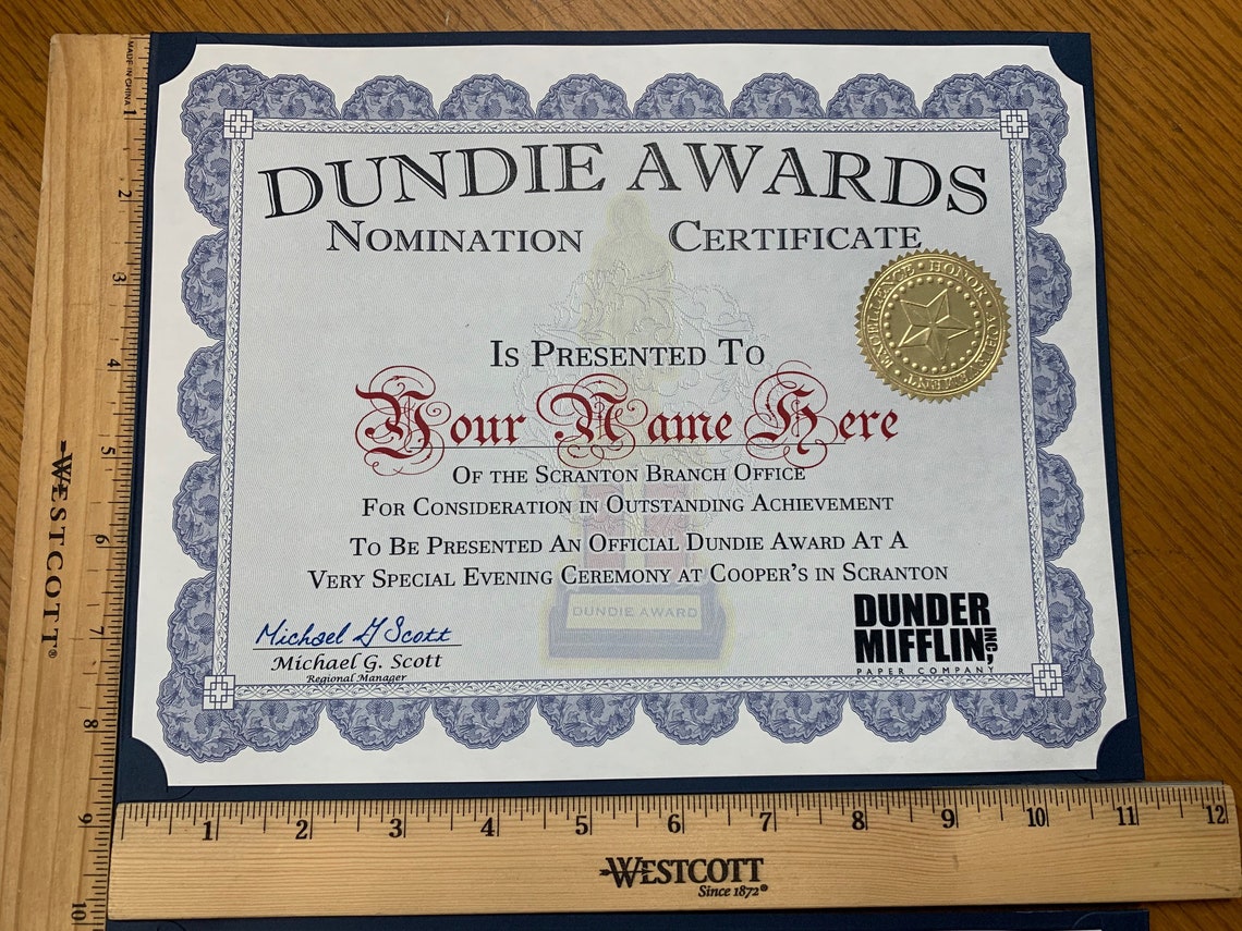 The Office - Dundie Award Nomination Certificate ( Personalized ) in ...