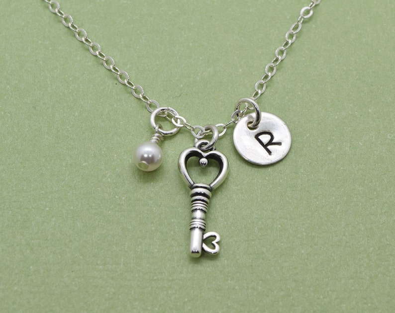 Sterling Silver Heart Key Charm Necklace, Personalized Key Pendant ...