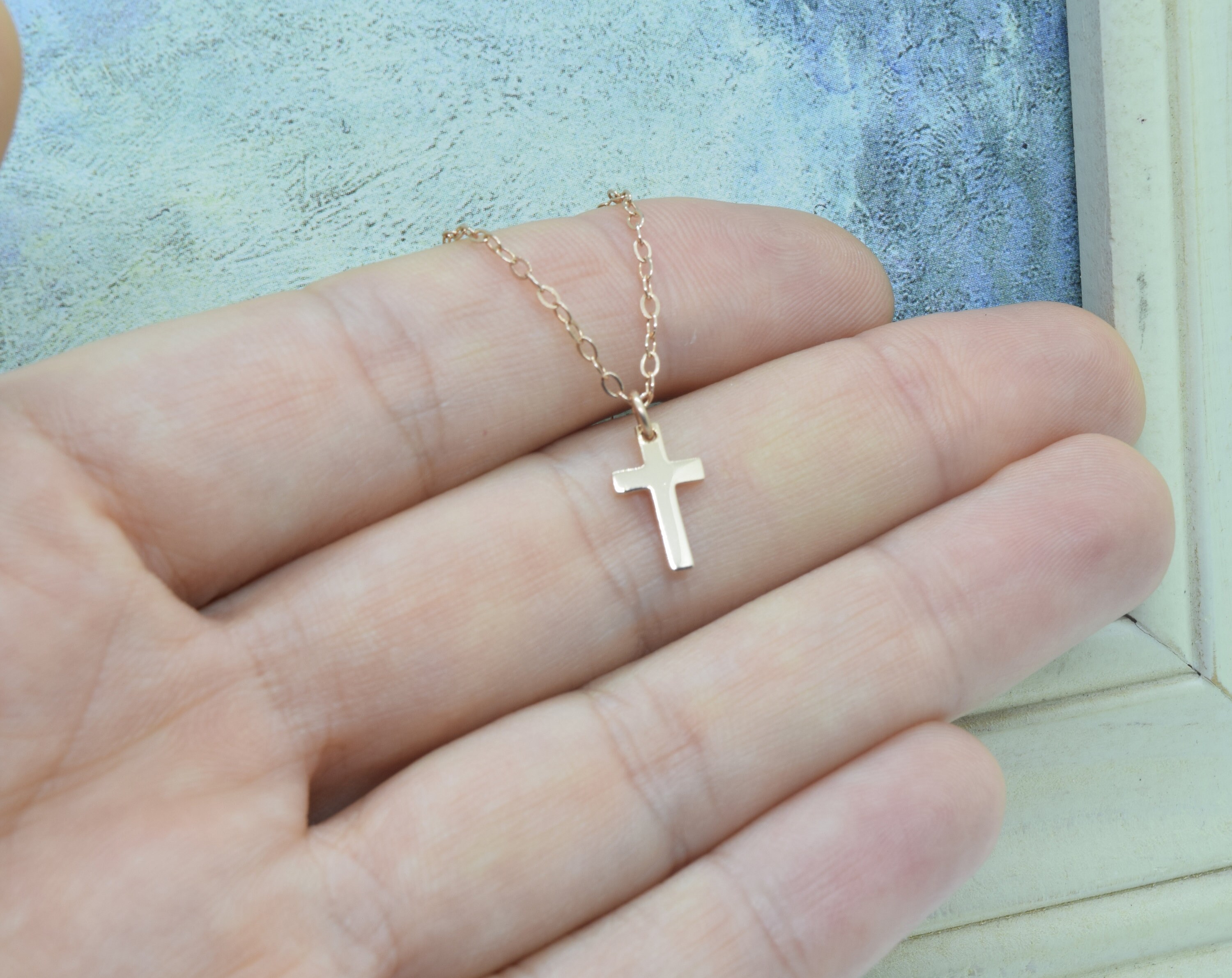 Tiny Rose Gold Cross Charm Necklace, Small Cross Pendant, Baptism ...